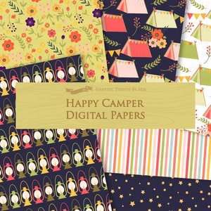 Camping Digital Paper, Happy Camper, Camping, Red & Green Digital Paper ...