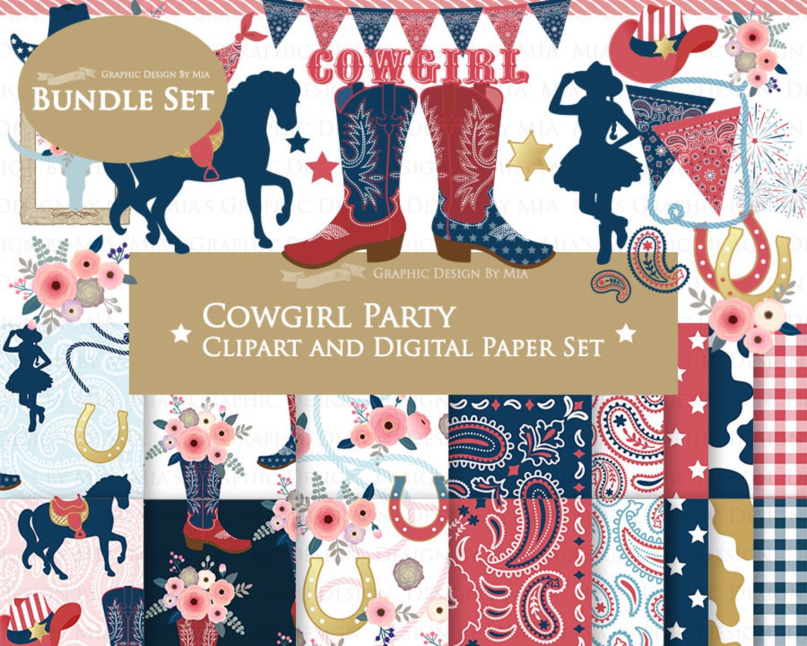 Cowgirl Clipart, Cowgirl Digital Paper, Cowgirl Party, Cowgirl Boots ...