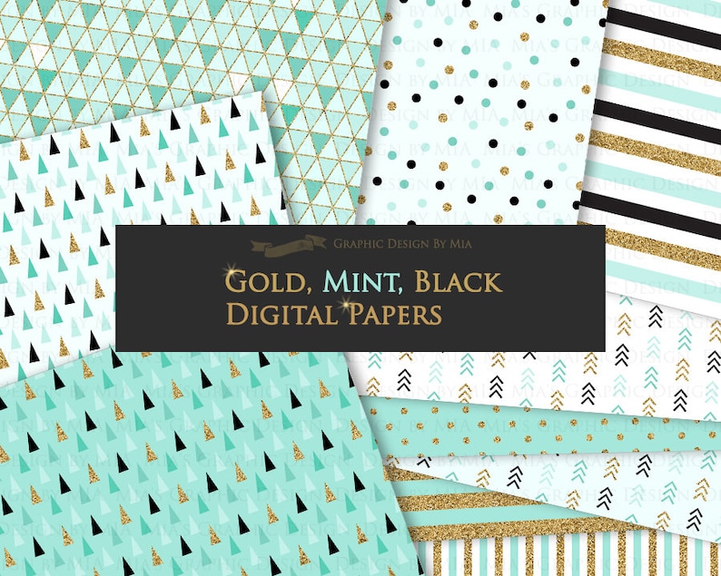 Gold Mint Black Gold Glitter Digital Paper Pack Instant - Etsy