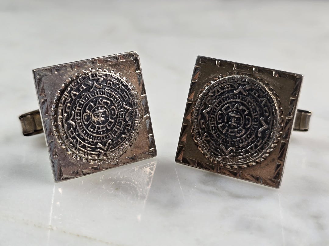 Mens Vintage Estate Sterling Silver Incan Mayan Calendar Cuff Links 15 ...