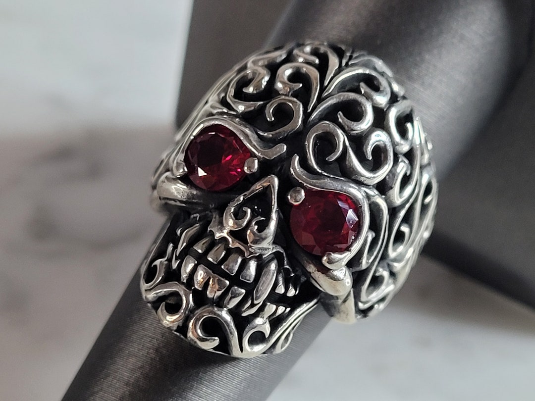 Mens Sterling Silver Ruby Eyed Skull Ring 13.6g E6967 - Etsy