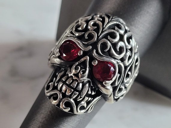 Mens Sterling Silver Ruby Eyed Skull Ring 13.6g E6967 - Gem