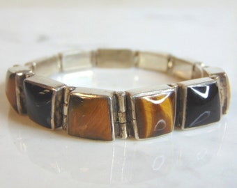 Womens Vintage Estate Sterling Silver Tiger Eye & Onyx Womens Vintage Estate Sterling Silver Tiger Eye & Onyx