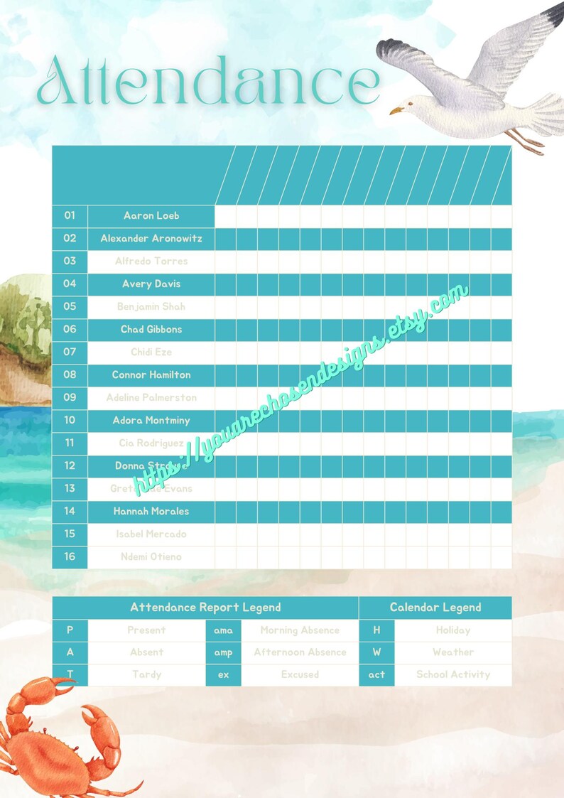 Attendance Sheet Printable, Superteacher Worksheet, Ocean Beach Theme ...