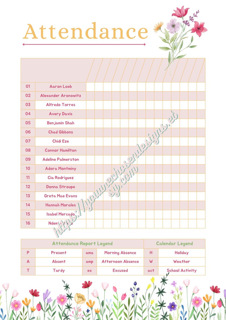 Editable Attendance Chart Log, Teacher Planner Tools Template ...