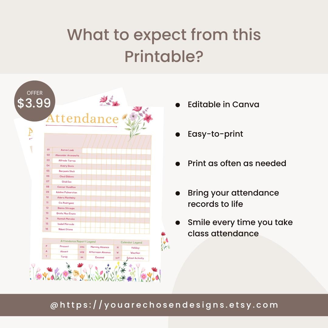 Editable Attendance Chart Log, Teacher Planner Tools Template ...