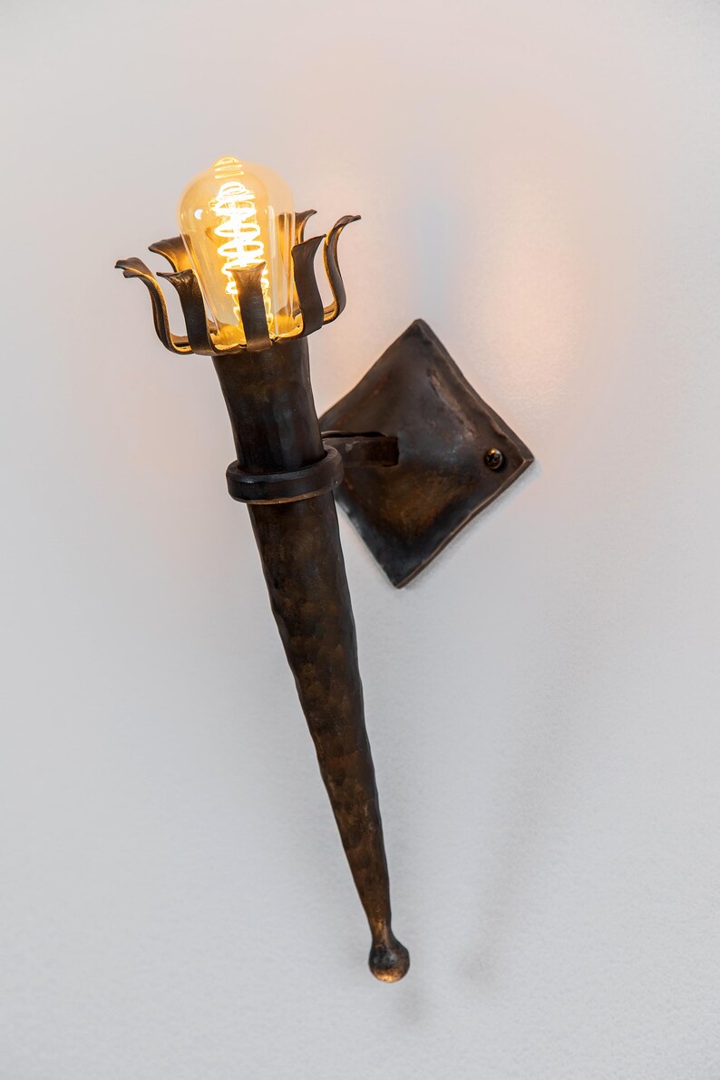 Hand Forged Steel Wall Torch Lamp - Rustic Wall Sconce - Etsy