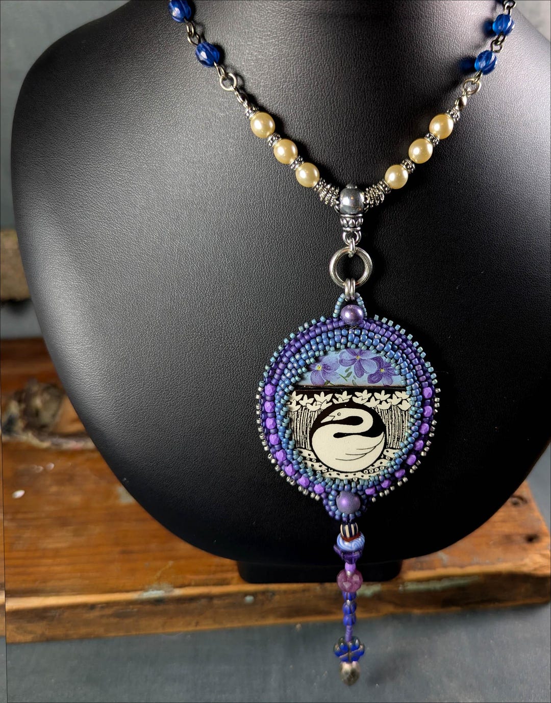Swan and Violets - Peaceful, Sweet Bead Embroidery Necklace With Swan ...