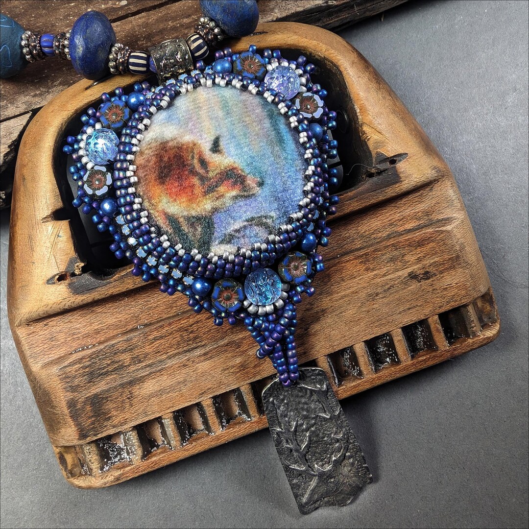 The Velvet Fox in Winter Bead Embroidered Pendant With Custom Printed ...