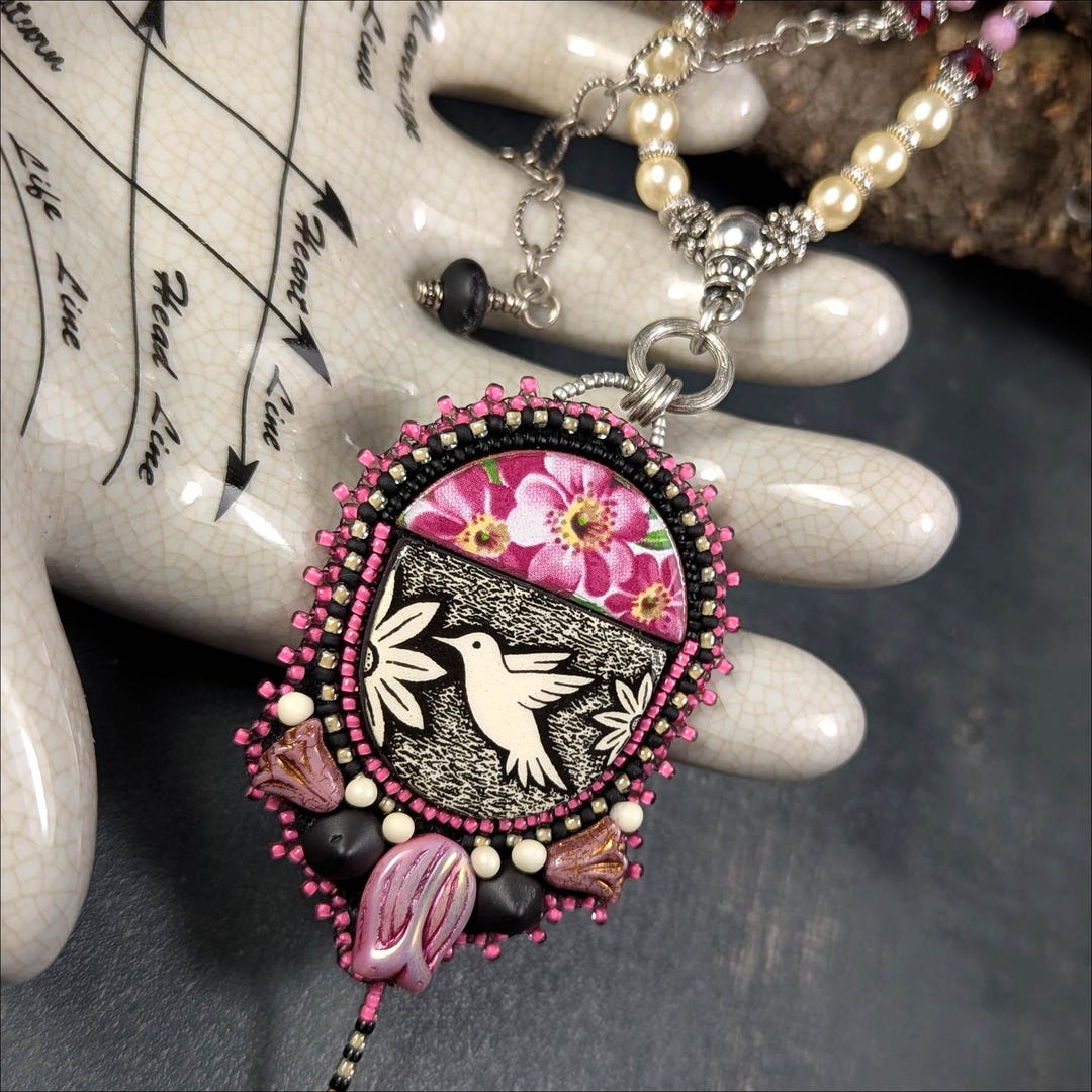 Hummingbird in Black and White -sweet Bead Embroidery Necklace; Slender Necklace W/ Faceted ...