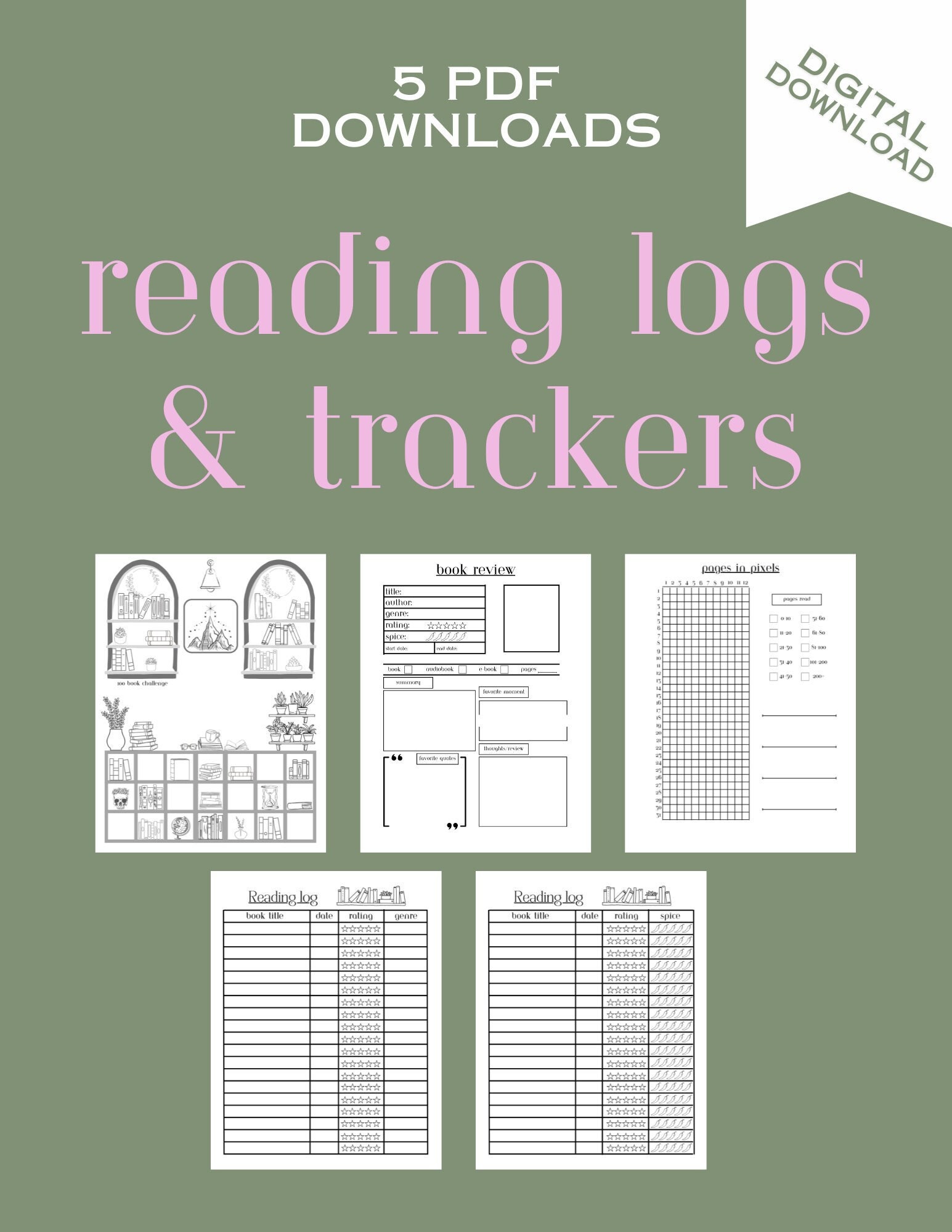 Reading Log & Tracker Sheets PDF DOWNLOAD - Etsy