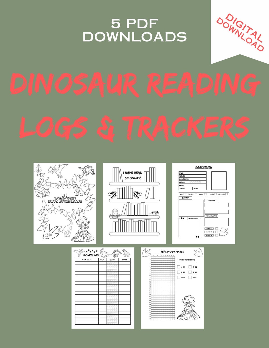 Dinosaur Reading Log & Tracker Sheets *PDF DOWNLOAD* - Etsy