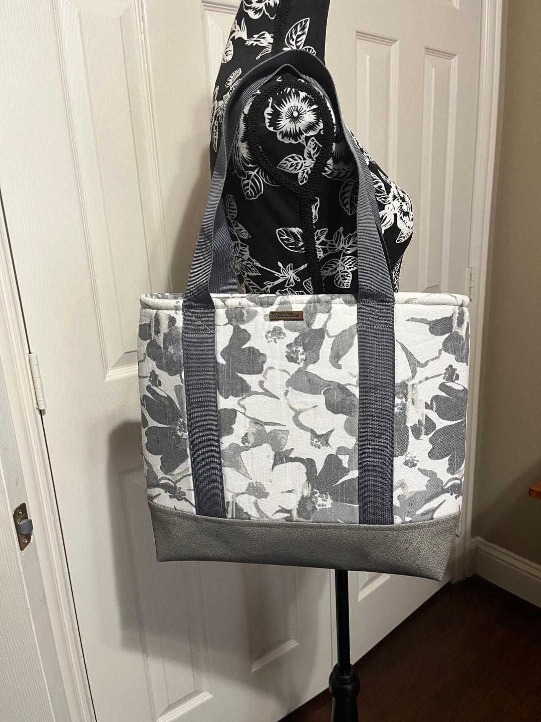 Tote Bag, Handmade Designer Bag, Gray and White, Large Roomy Tote ...