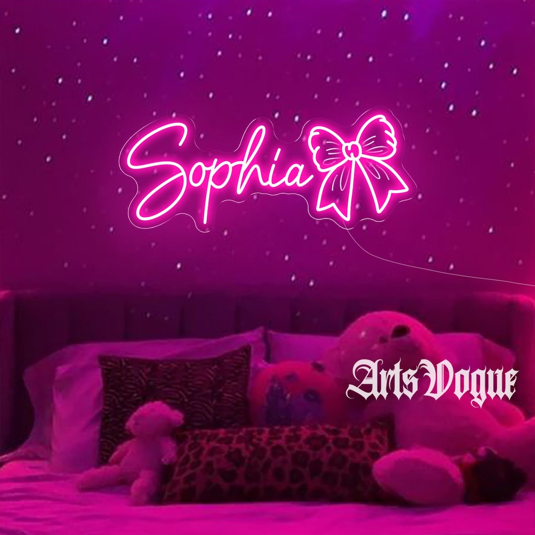 Custom Bow Name Neon Sign,pink Bow Neon Sign,pink Trendy Wall Art,girl ...