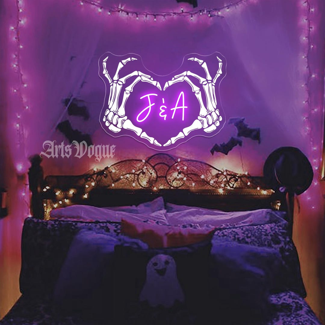 Custom Gothic Initials Wedding Neon Sign,skeleton Hands Heart Neon Sign ...