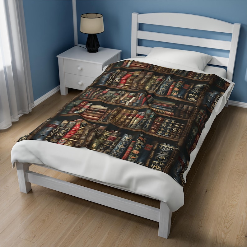 Plush Velveteen Blanket With Vintage Bookshelf Pattern Cozy Bookcase ...