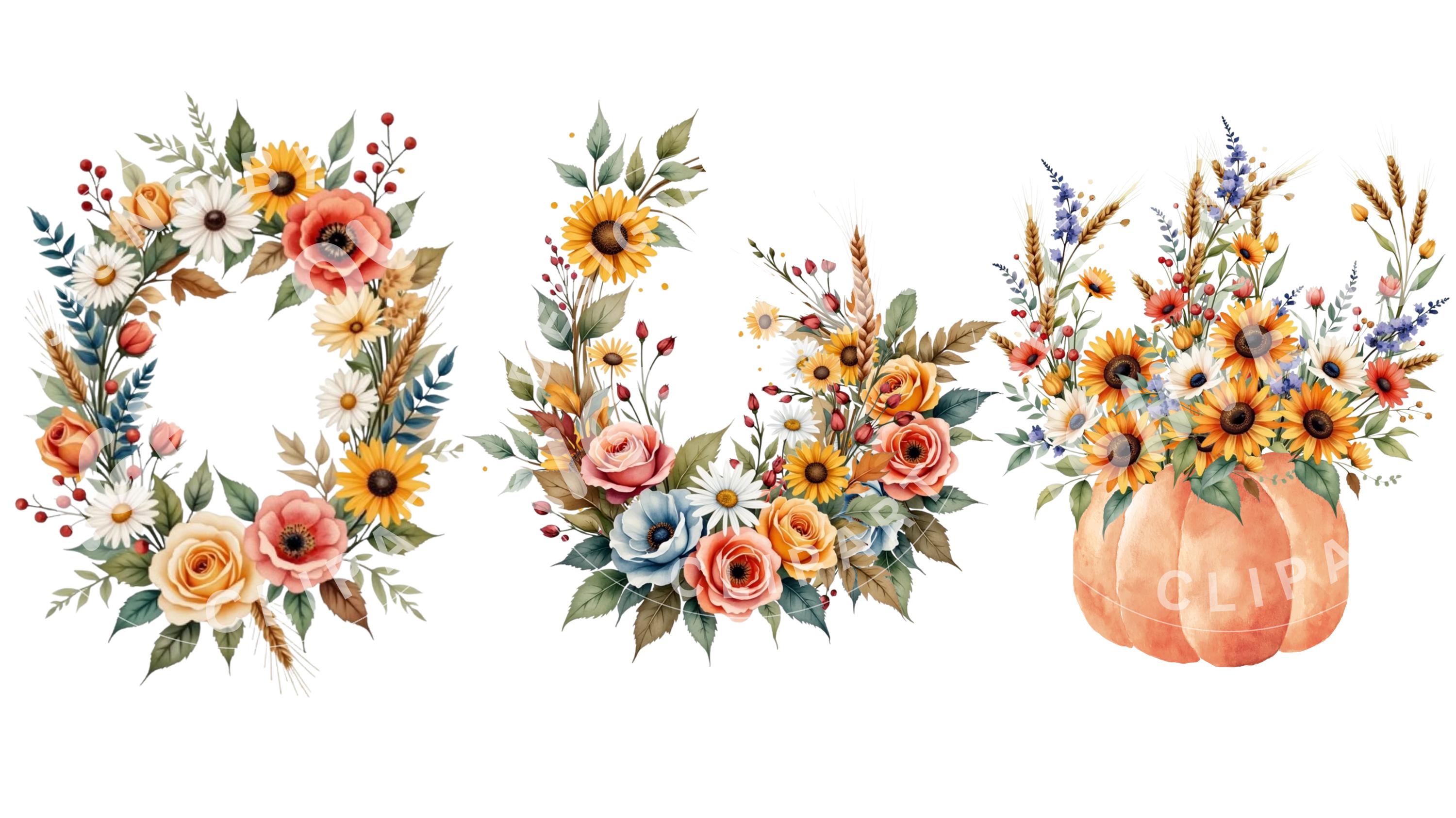Watercolor Fall Floral Clipart: Autumn Flowers PNG (digital Download ...