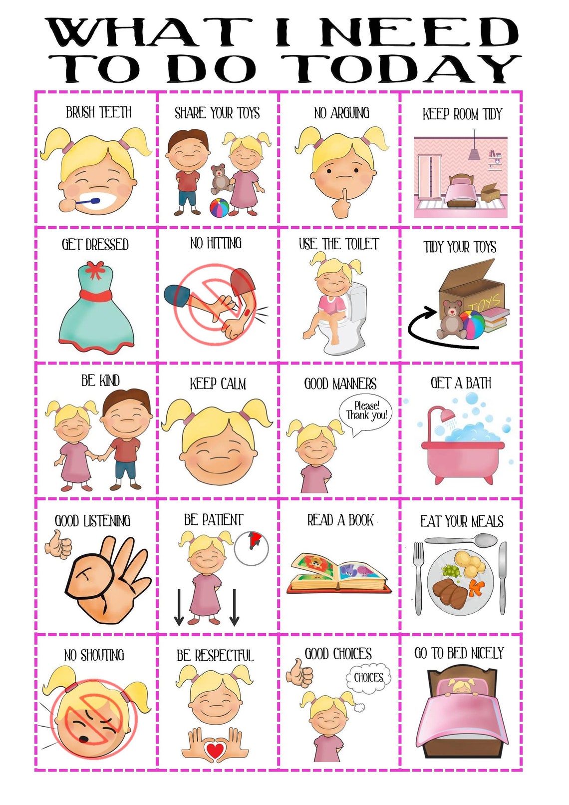 Girls Behaviour Chart With Pictures Routine Chart Daily | Etsy UK