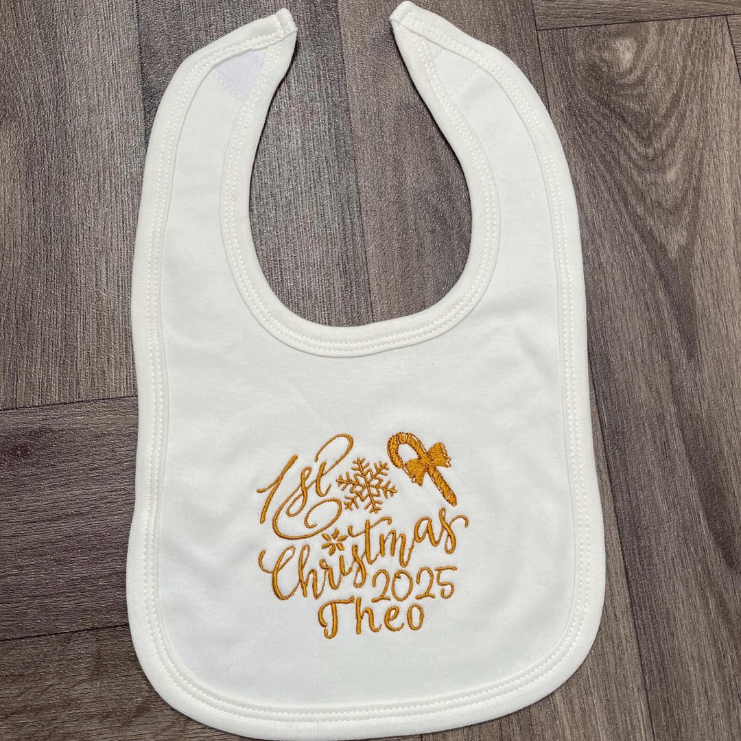 Baby’s First Christmas Bib · Personalised Name · Embroidered Gold ...