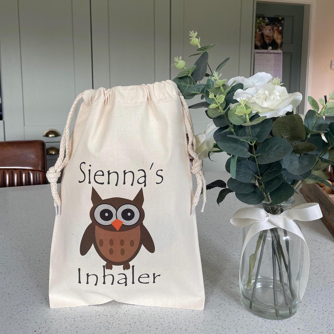 Personalised Owl Inhaler Bag – Kids Asthma Pouch, Medical Drawstring ...