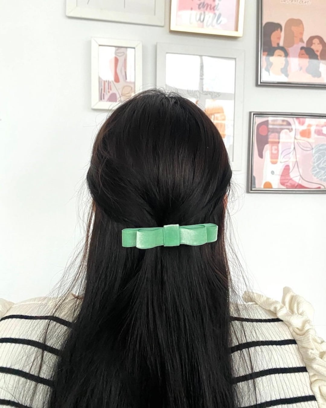 Sage Green Hair Bow Clip, Luxury Velvet Hair Ribbon, for Thick and Fine ...