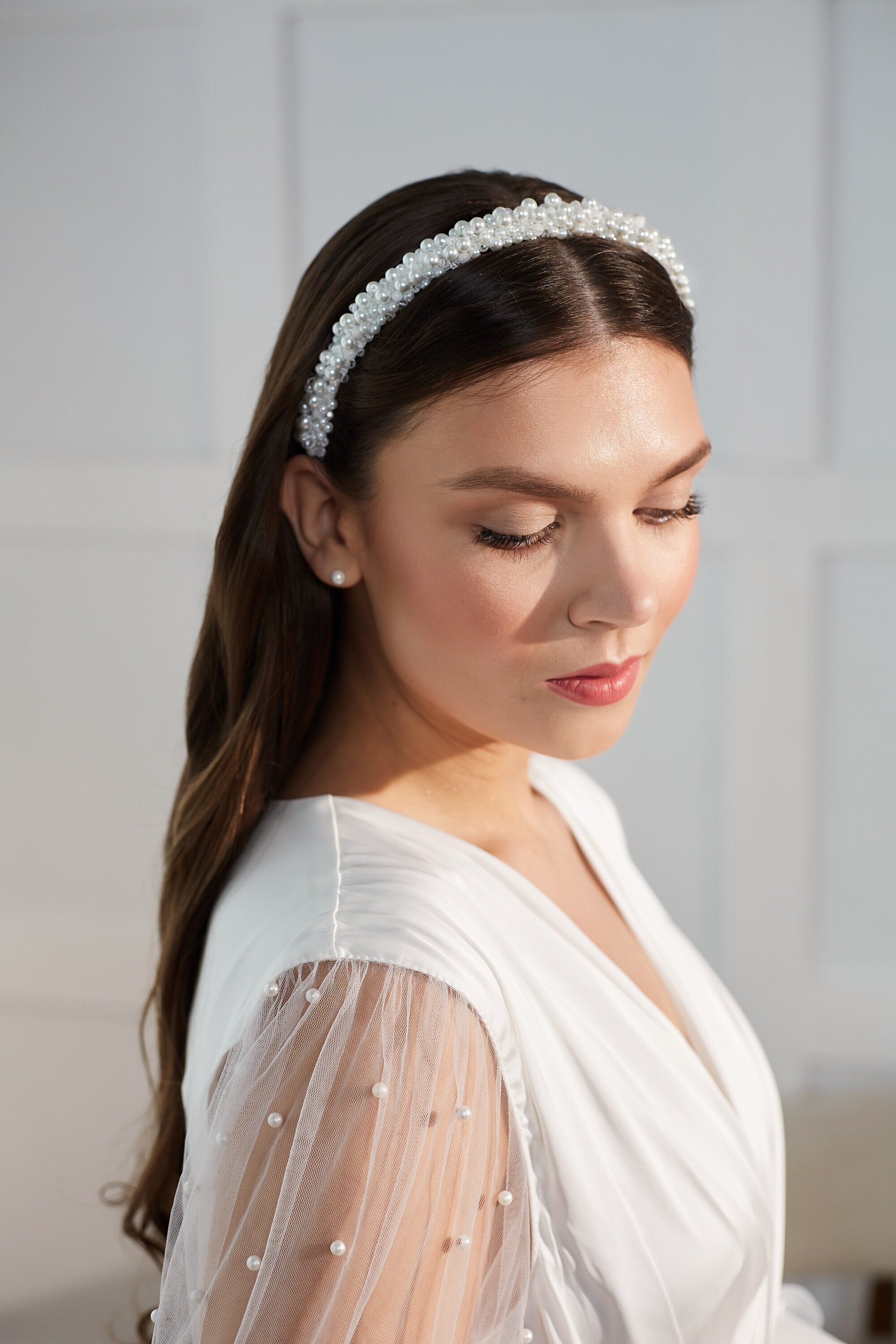Pearl Beaded Wedding Tiara | Bridal Embroidered Headband - Etsy