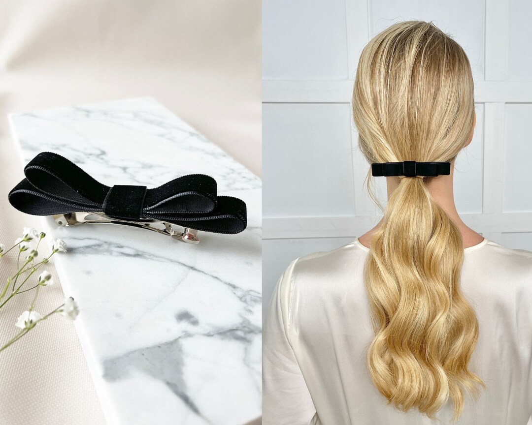 Classic Black Bow Clip Velvet Ribbon Bow Barrette Clip Dark - Etsy Hong ...