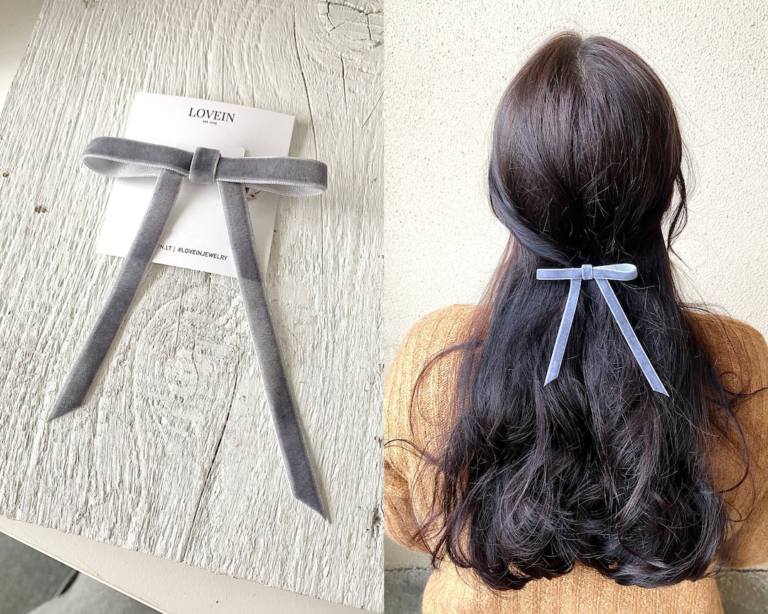 Luxury Velvet Hair Bow Barrette Clip, Light Grey Bow, Elegant Hair ...