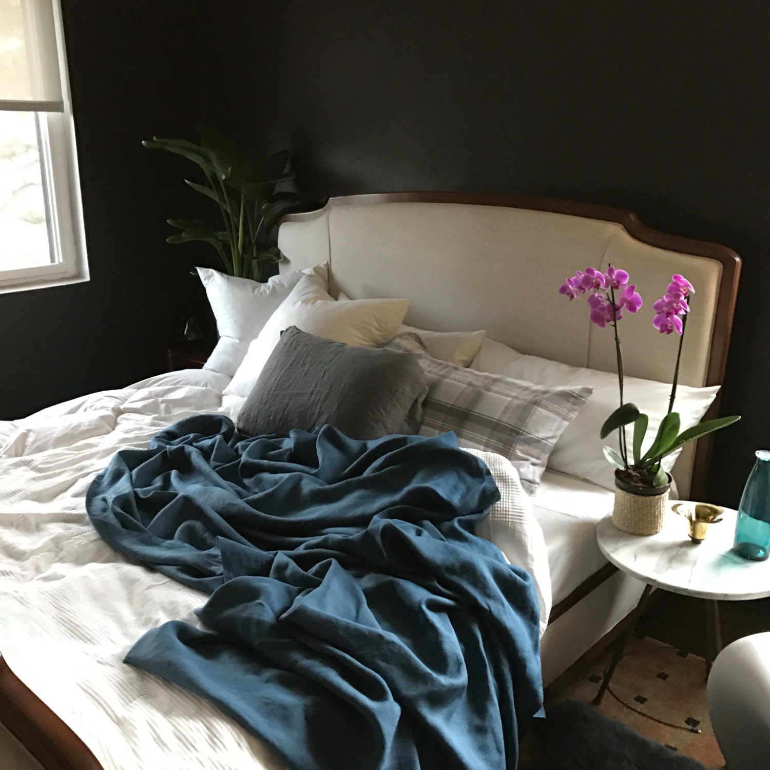 Marine Blue Classic Linen Throw Solid Blue Blanket Made to - Etsy