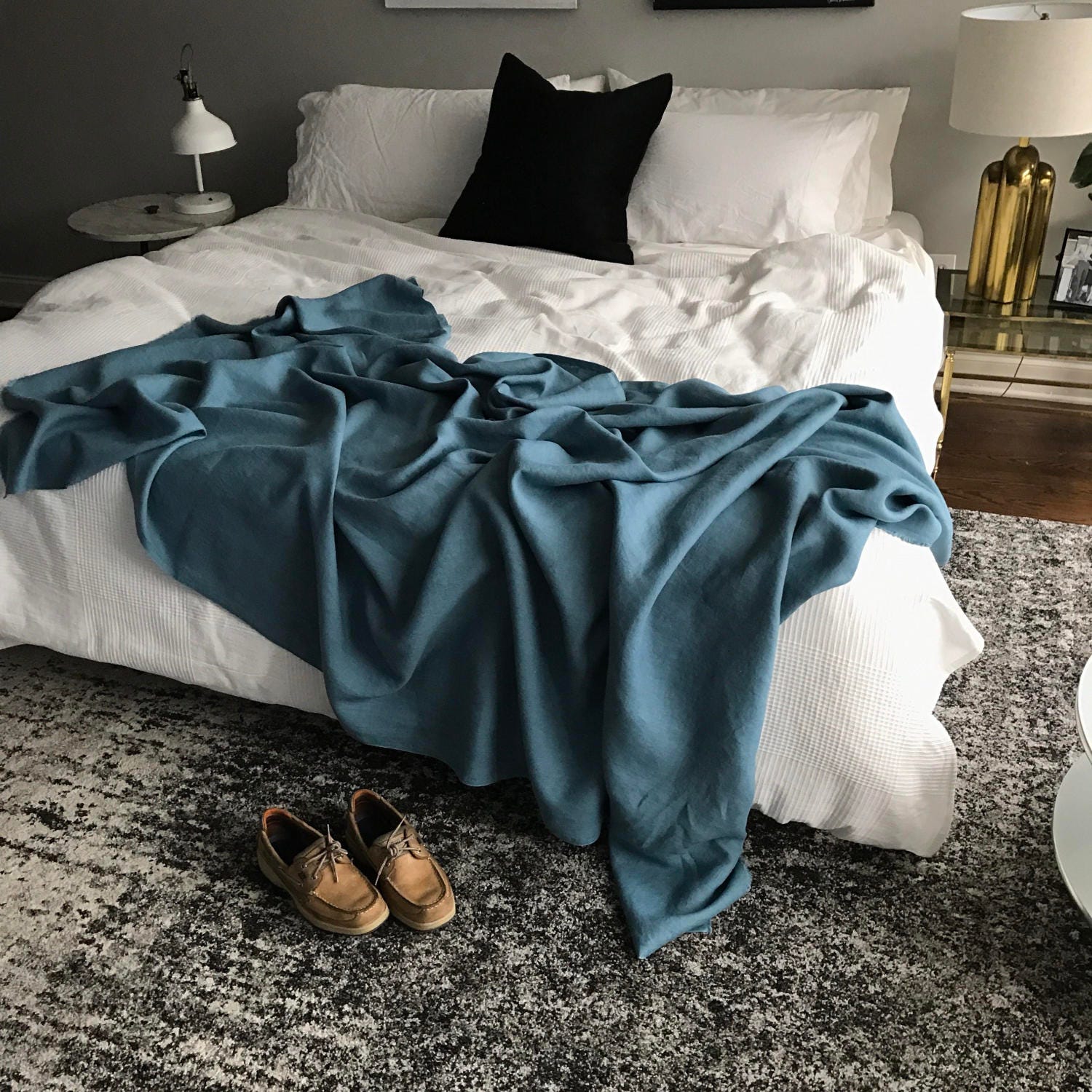 XL Sapphire Blue Linen Throw Solid Blue Blanket Made to - Etsy