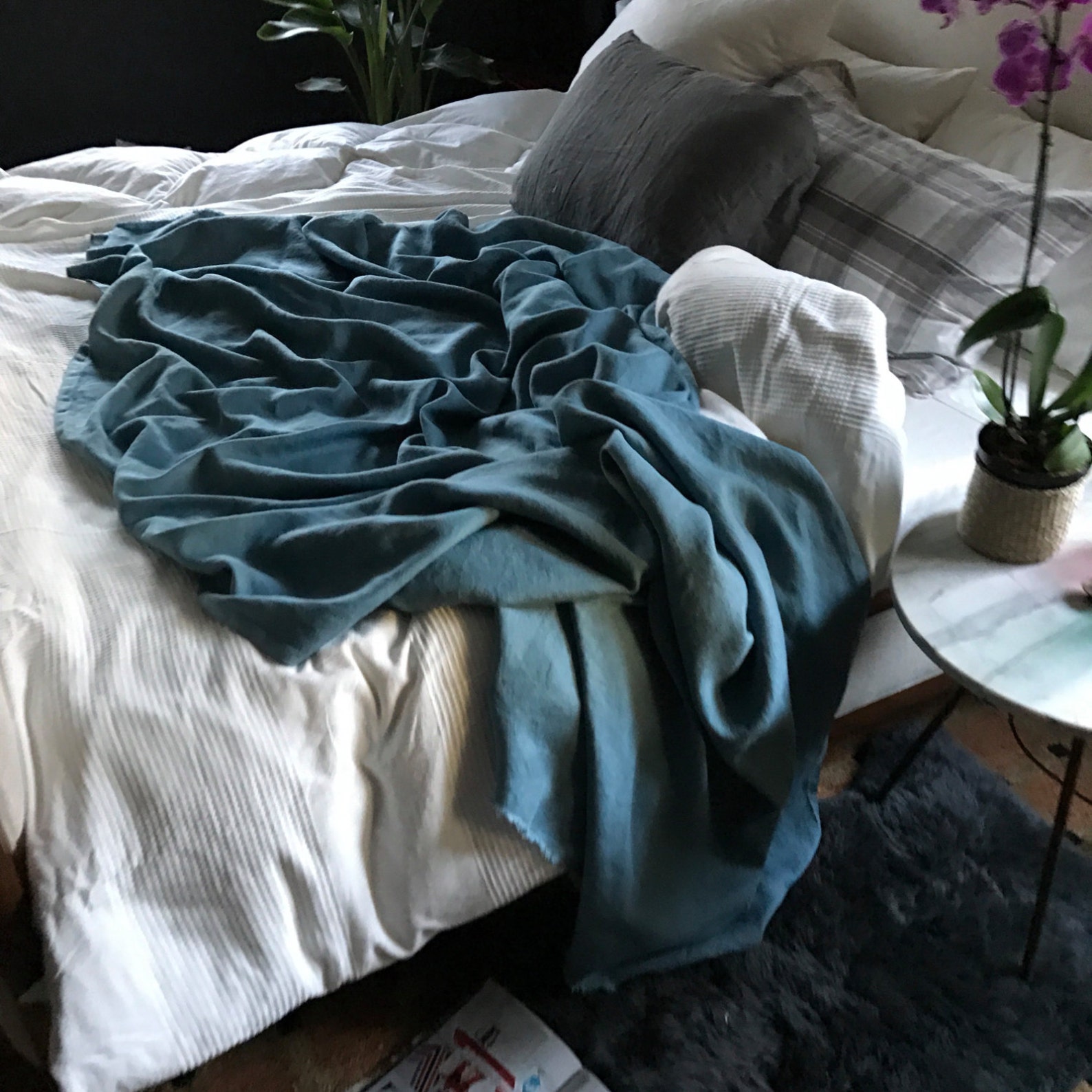 Sapphire Blue Linen Throw Blanket XL Solid Blue Blanket Made to Order ...