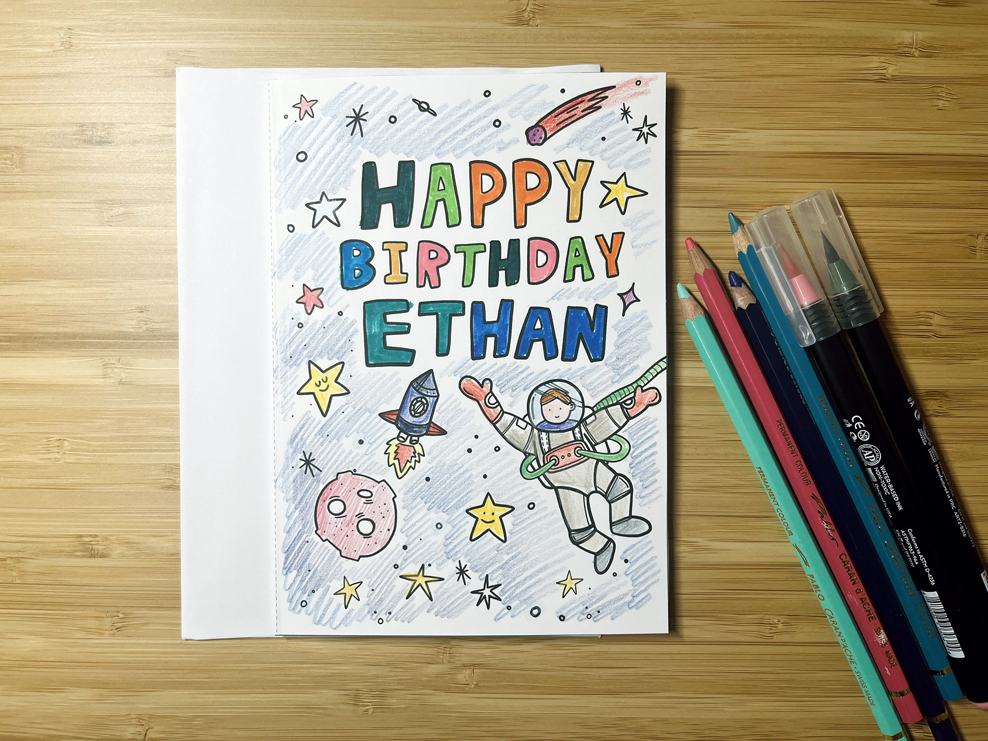 Custom Name Coloring Birthday Card for Child, Space Boy Birthday Card ...