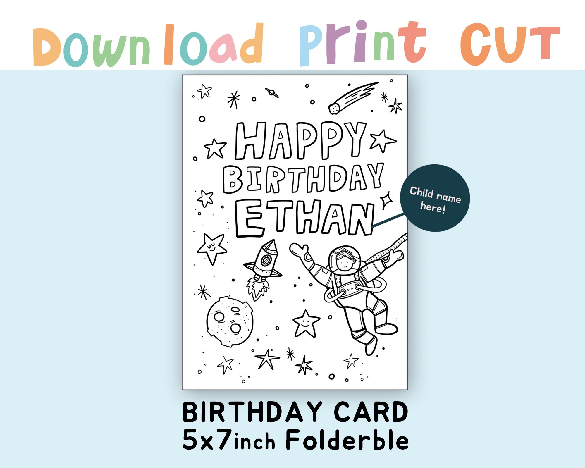 Custom Name Coloring Birthday Card for Child, Space Boy Birthday Card ...