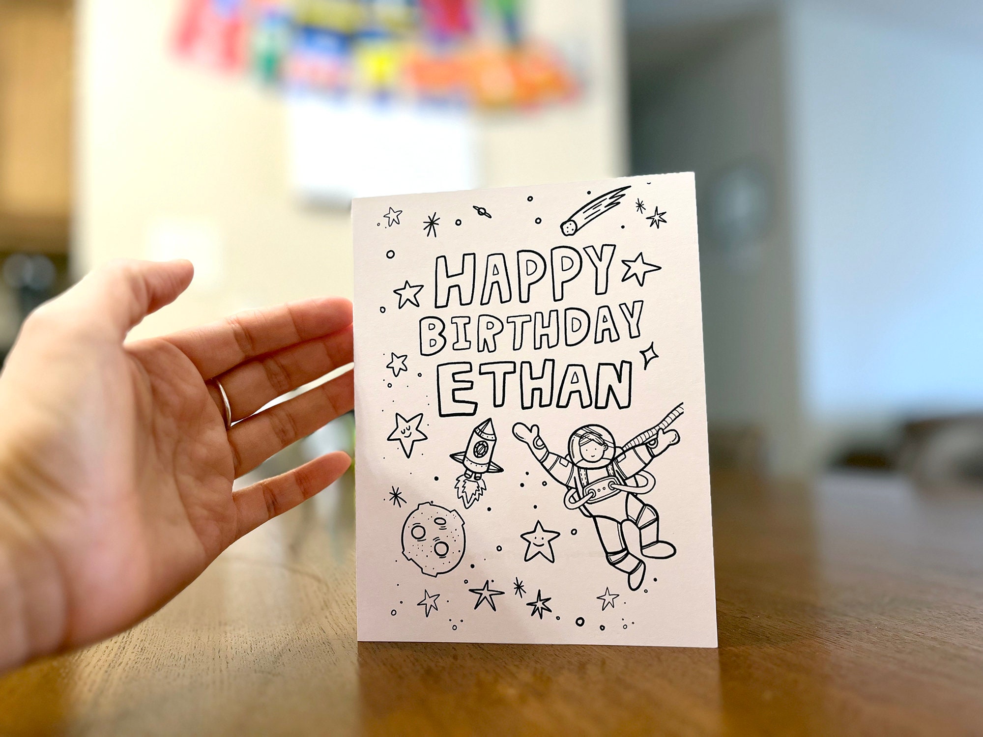 Custom Name Coloring Birthday Card for Child, Space Boy Birthday Card ...