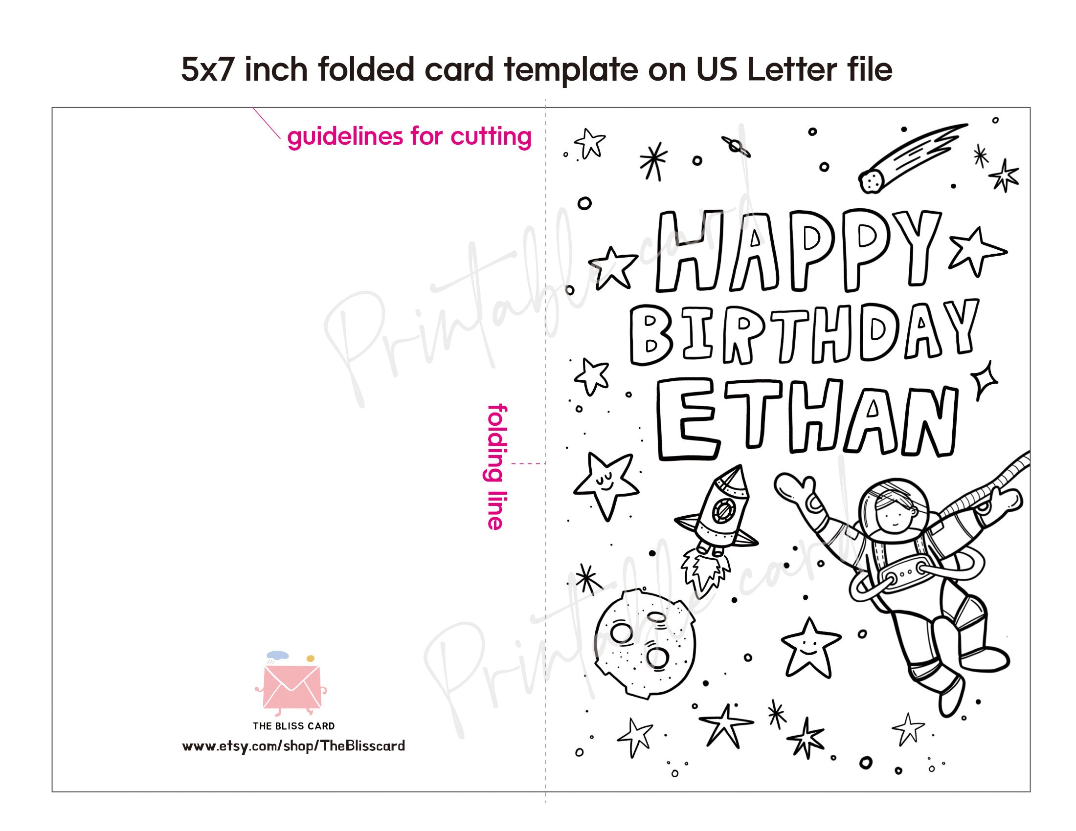 Custom Name Coloring Birthday Card for Child, Space Boy Birthday Card ...