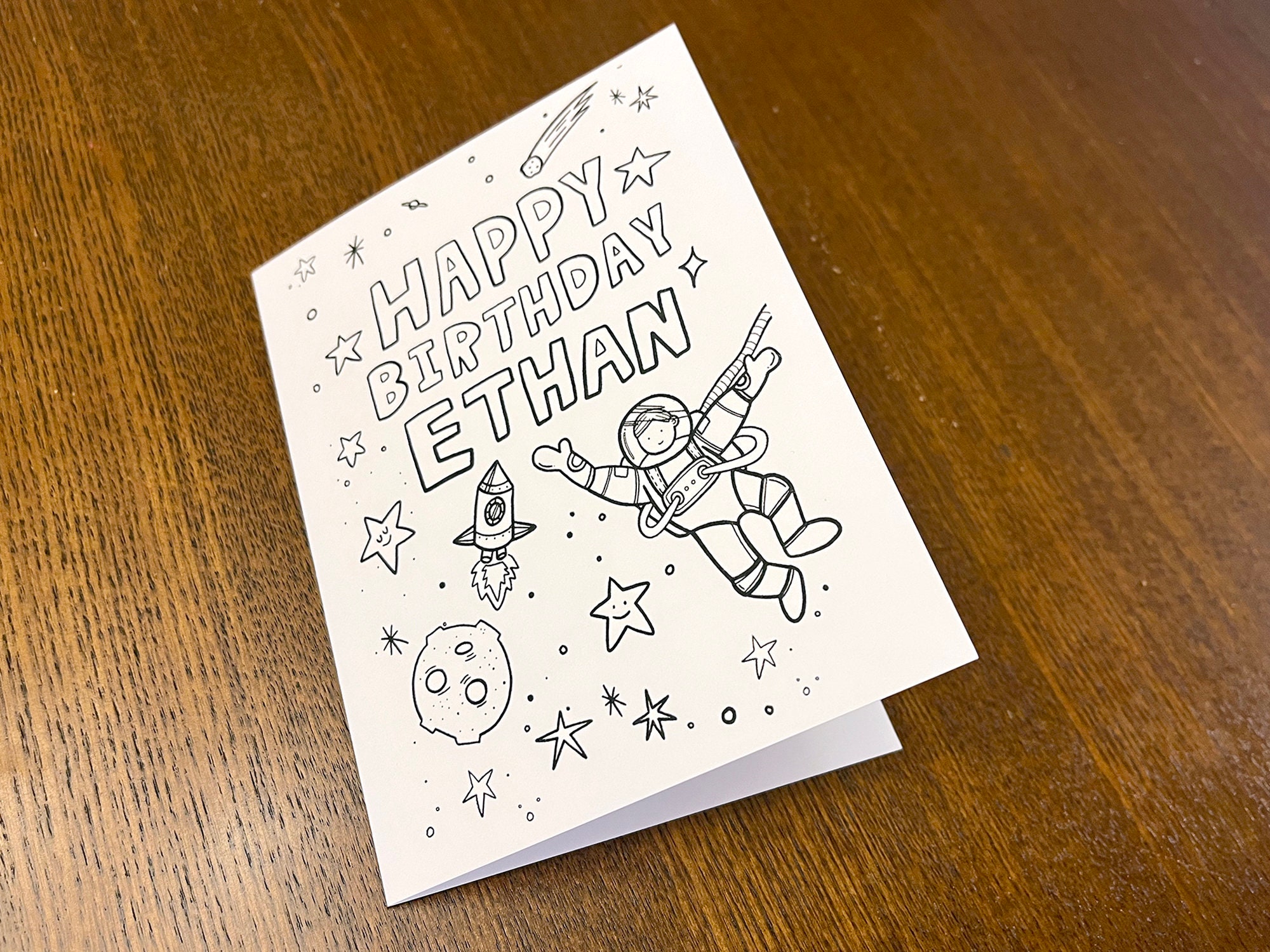 Custom Name Coloring Birthday Card for Child, Space Boy Birthday Card ...