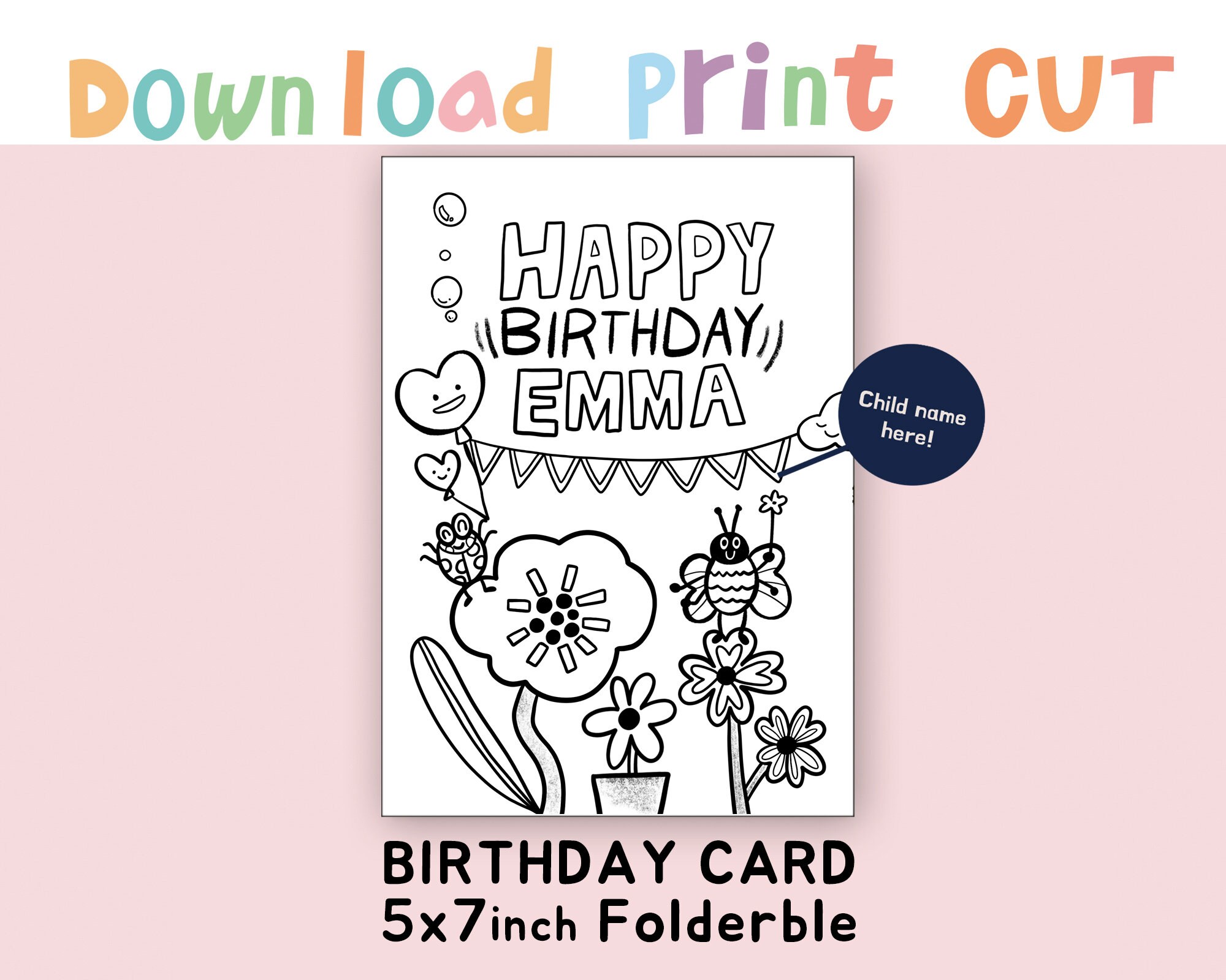 Custom Name Coloring Birthday Card for Child, Girl Birthday Card ...