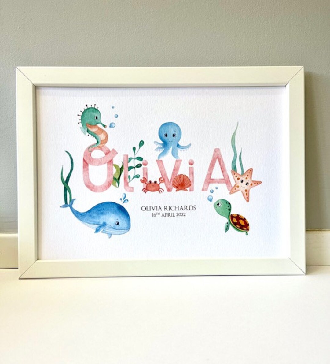 Personalised New Baby Name Print,new Baby Gift, Sea Animals, Under the ...