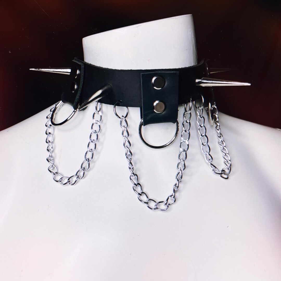Black and Silver Leather Choker With Chains and Spikes - Etsy