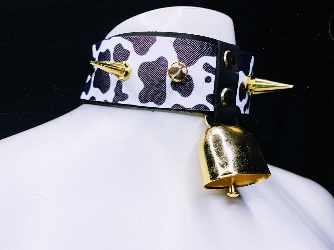 Cow Print Choker: Gold Bell, Spikes, Adjustable Leather - Etsy