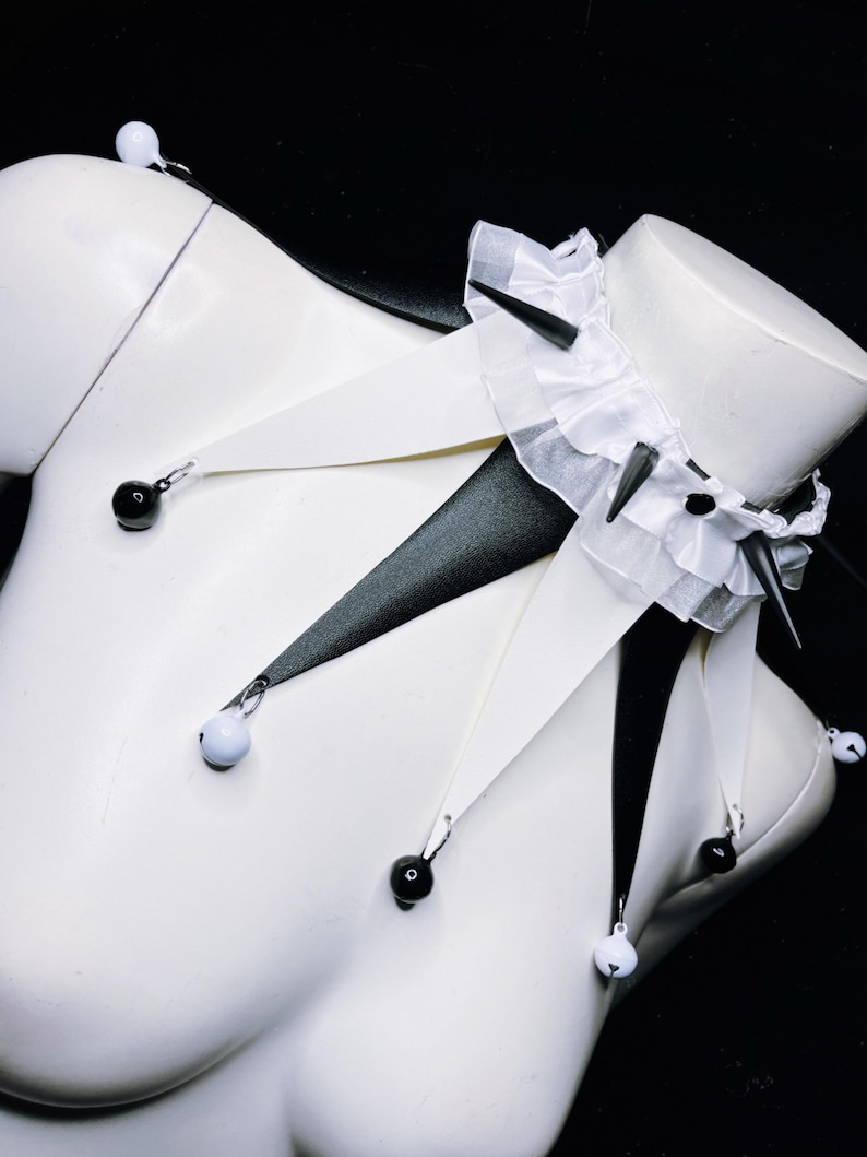 Black Leather Jester Choker: Spikes, Bells, White Ruffle - Clowncore ...