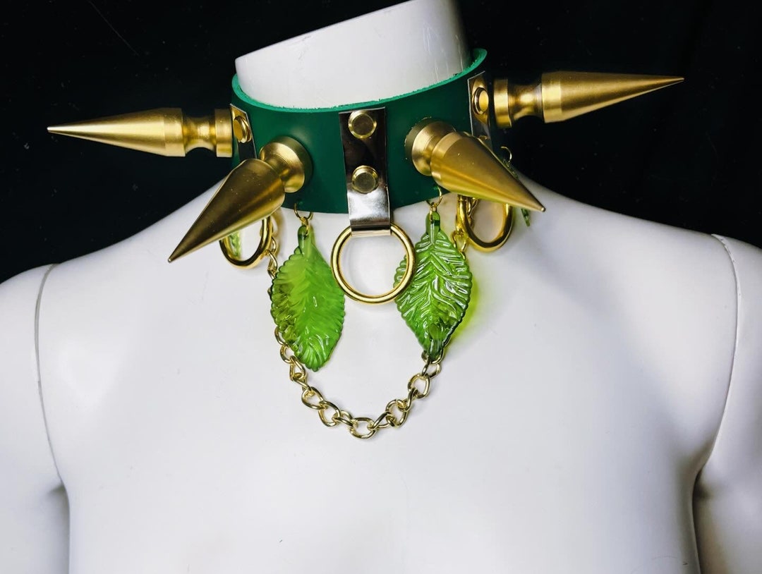 Gold Leaf Genuine Dark Green Leather Gold Spiked Choker - Etsy