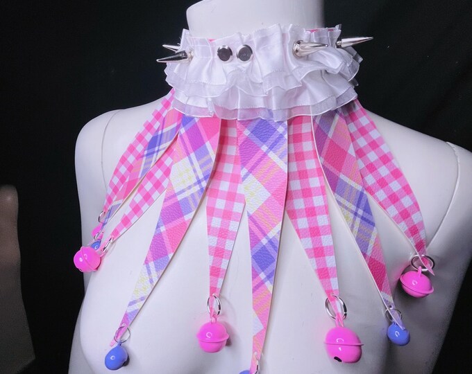 Pink and Purple Plaid Patterned Jester Clown Choker With Bells and ...