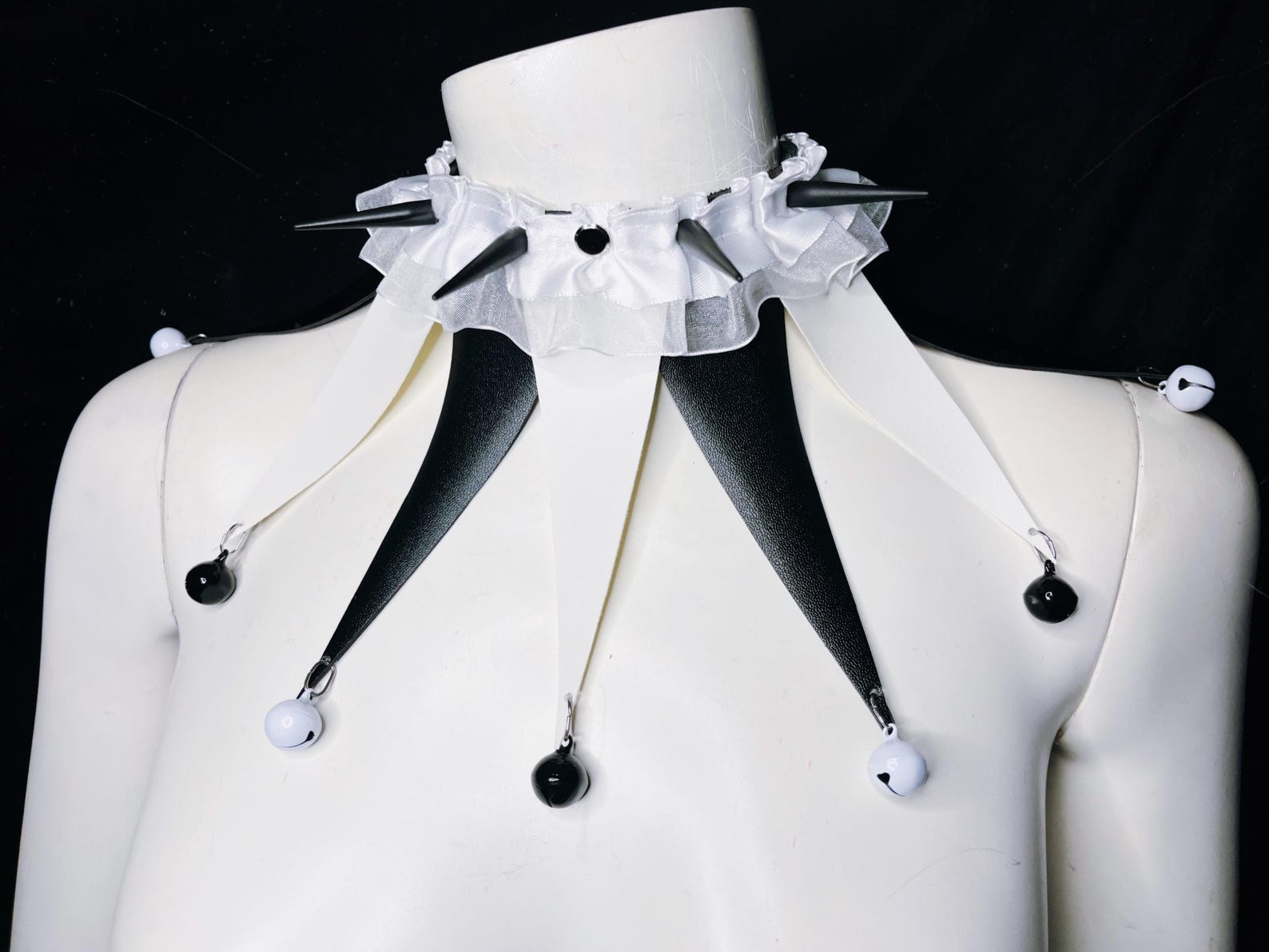 Black Leather Jester Choker: Spikes, Bells, White Ruffle - Clowncore ...