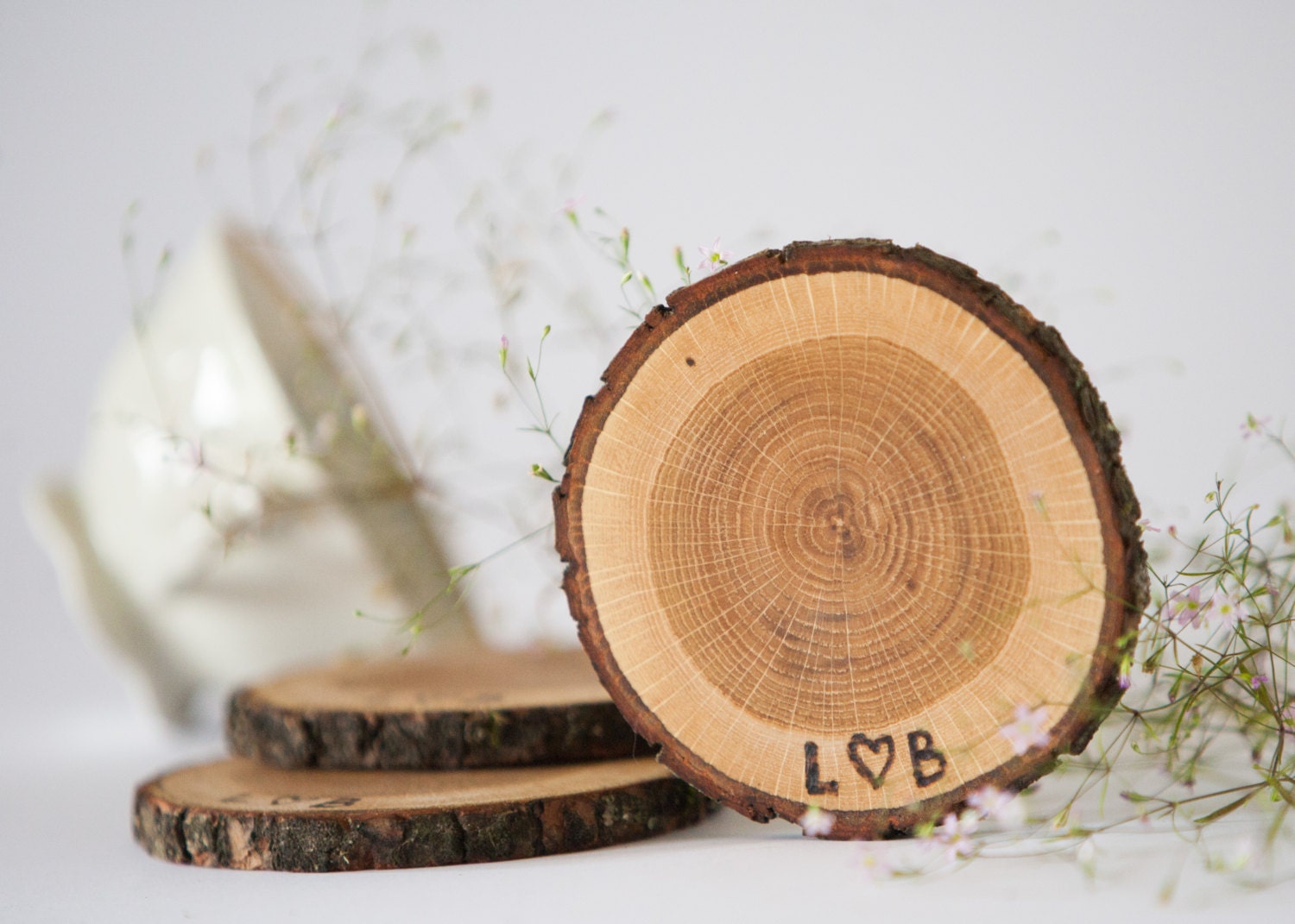 10 Personalized Oak Wood Coasters 3" for Rustic Weddings , Wood Discs ...