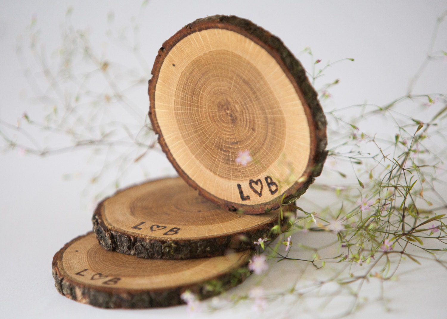 6 Personalized Oak Wood Coasters 3" for Rustic Weddings , Wood Discs ...
