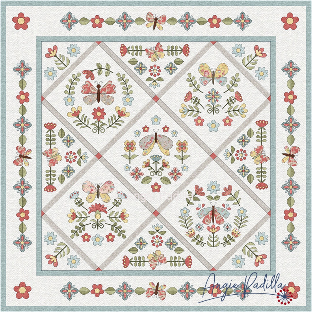 Butterfly Garden Quilt Pattern: Floral Applique, Modern Baltimore Style ...