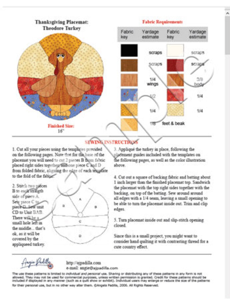 Theo Turkey Applique Quilt Pattern: Fall Thanksgiving Placemat (digital ...