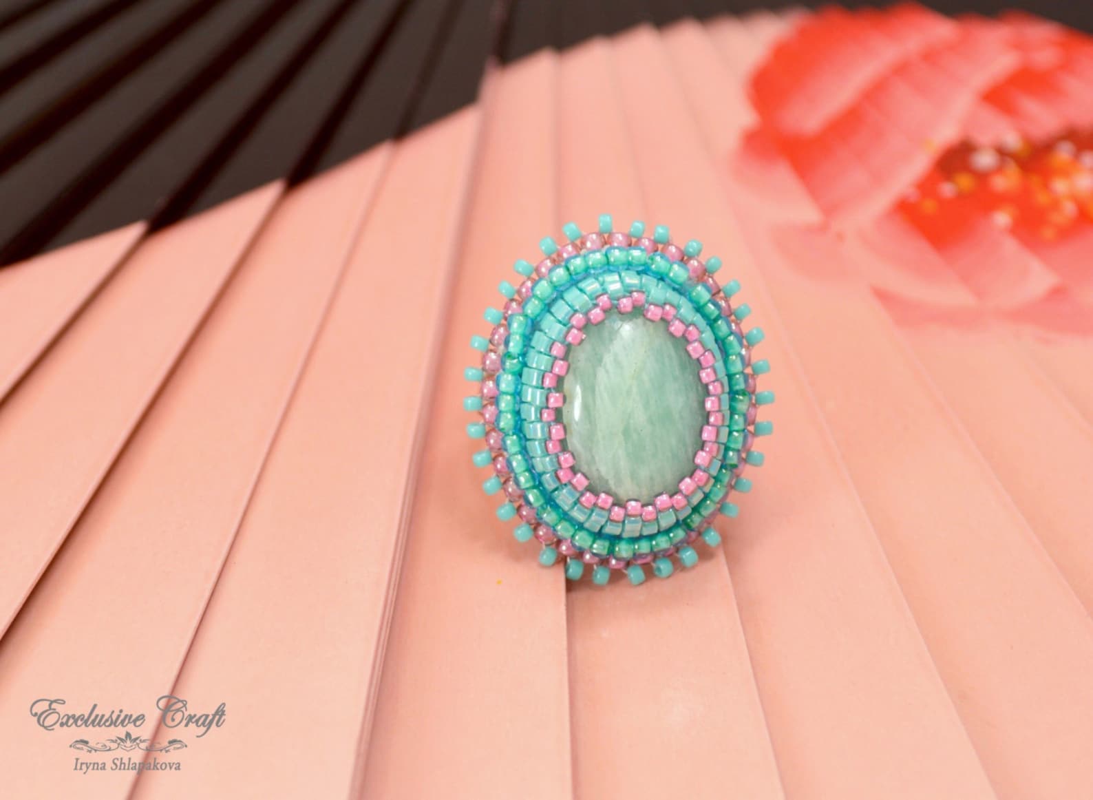 Bead Embroidered Ring With Amazonite, Handmade Beaded Light Blue Ring ...