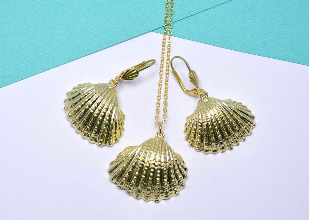 Golden Natural Sea Shell Jewelry Set, Sea Shell Earrings, Sea Shell ...
